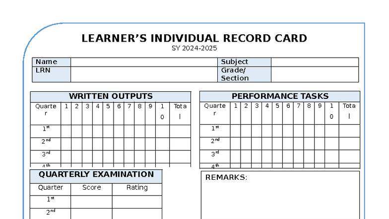 Learner's Individual Record Card SY Performance Tasks & Attendance ...