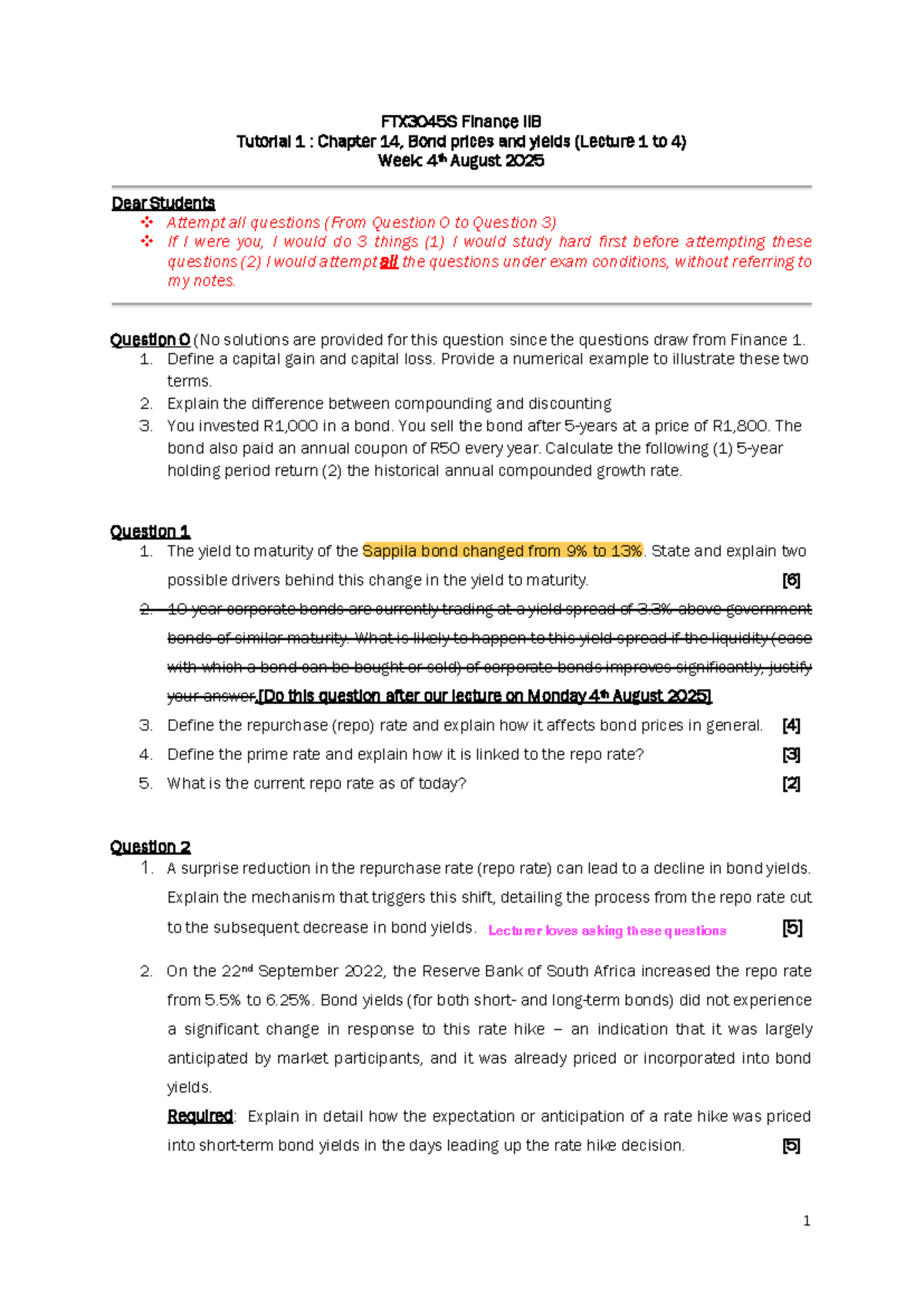 FTX3045S Finance IIB Tutorial 1: Bond Prices & Yields Questions - Studocu