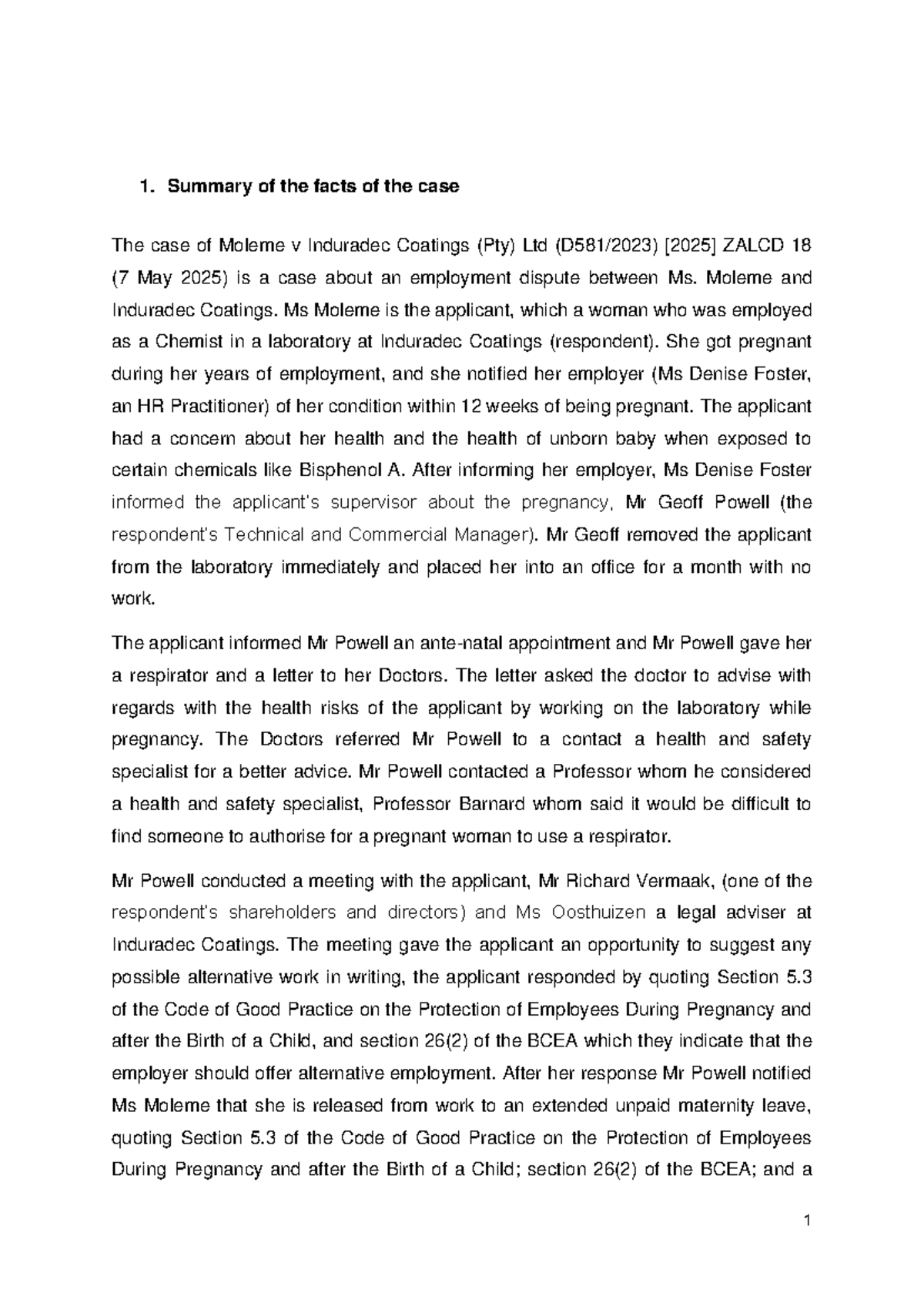 MRL3702 Case Study: Moleme v Induradec Coatings Employment Dispute ...