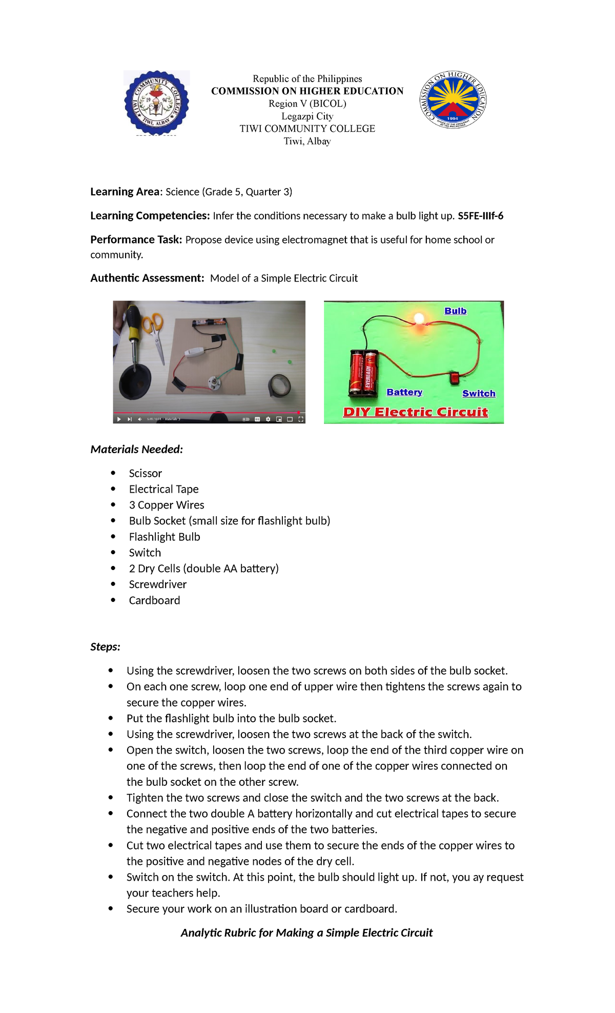 Science Performance Task: Building a Simple Electric Circuit (Grade 5 ...
