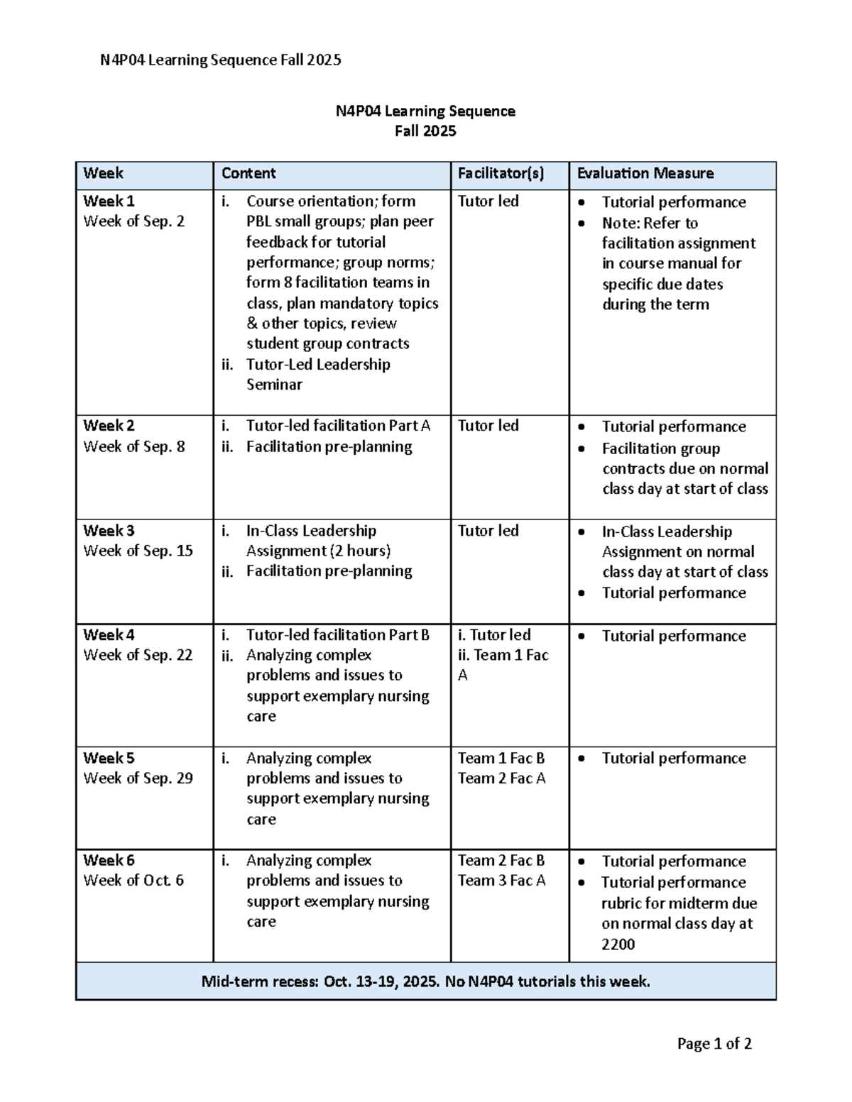 N4P04 Learning Sequence Overview for Fall 2025 - Studocu