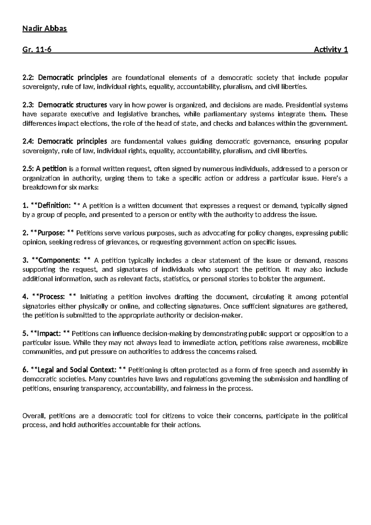 Gr. 11 Life Orientation Assignment: Understanding Democracy & Petitions ...