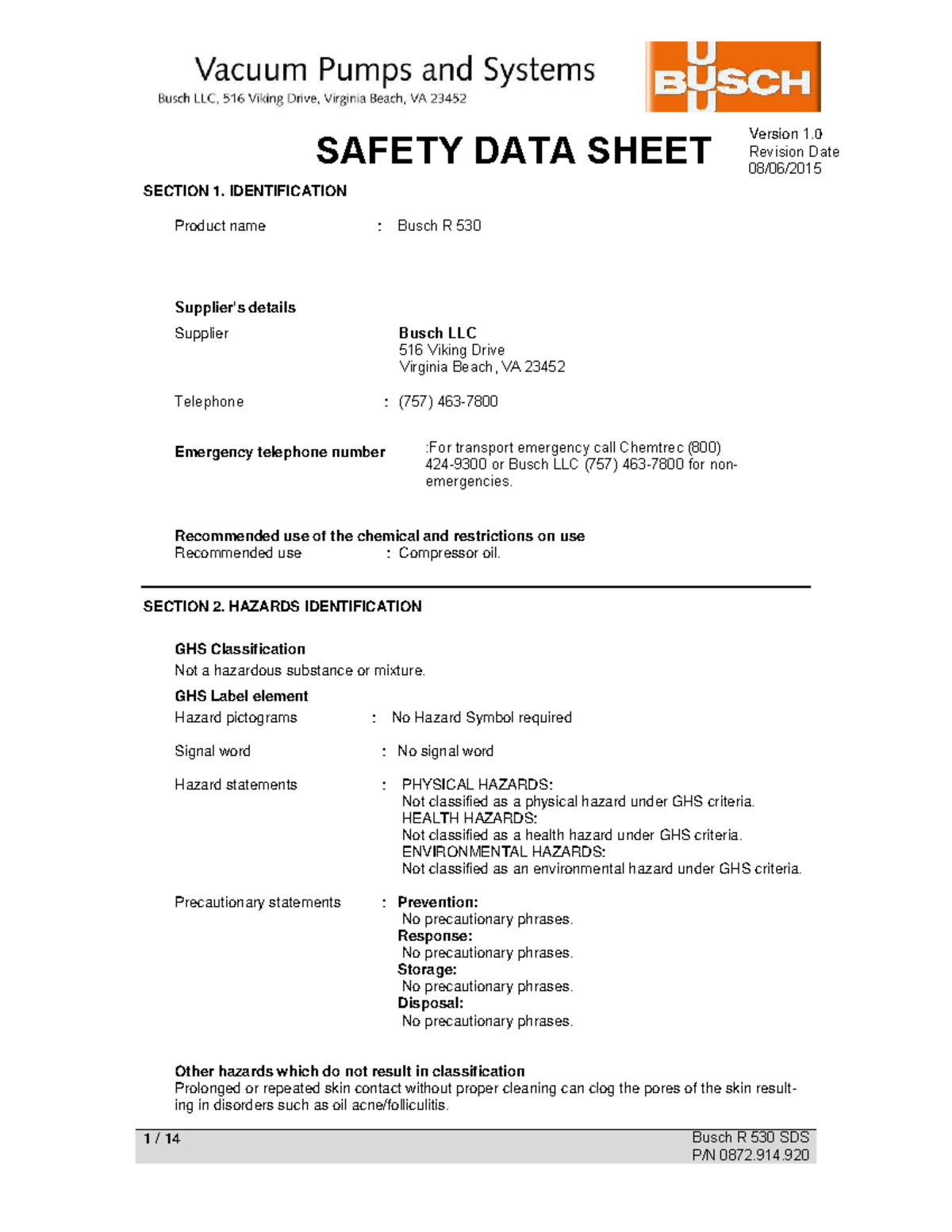 Busch R530 Oil SDS - Safety Data Sheet Version 1.0 - Studocu