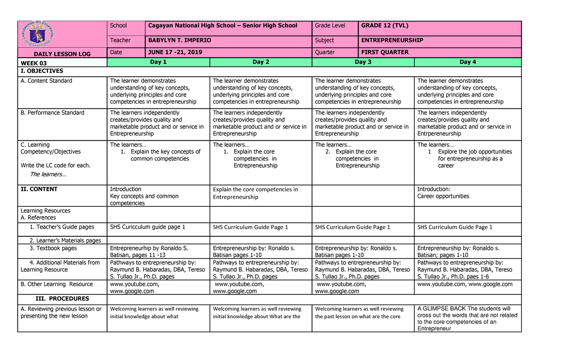 Daily Lesson Log for Entrepreneurship (GRADE 12 - TVL) June 17-21, 2019 ...