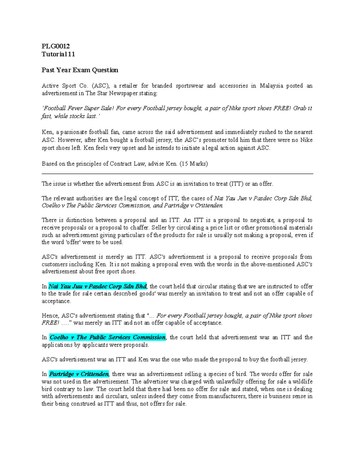 PLG0012 Tutorial 11: Past Year Exam Questions on Contract Law - Studocu