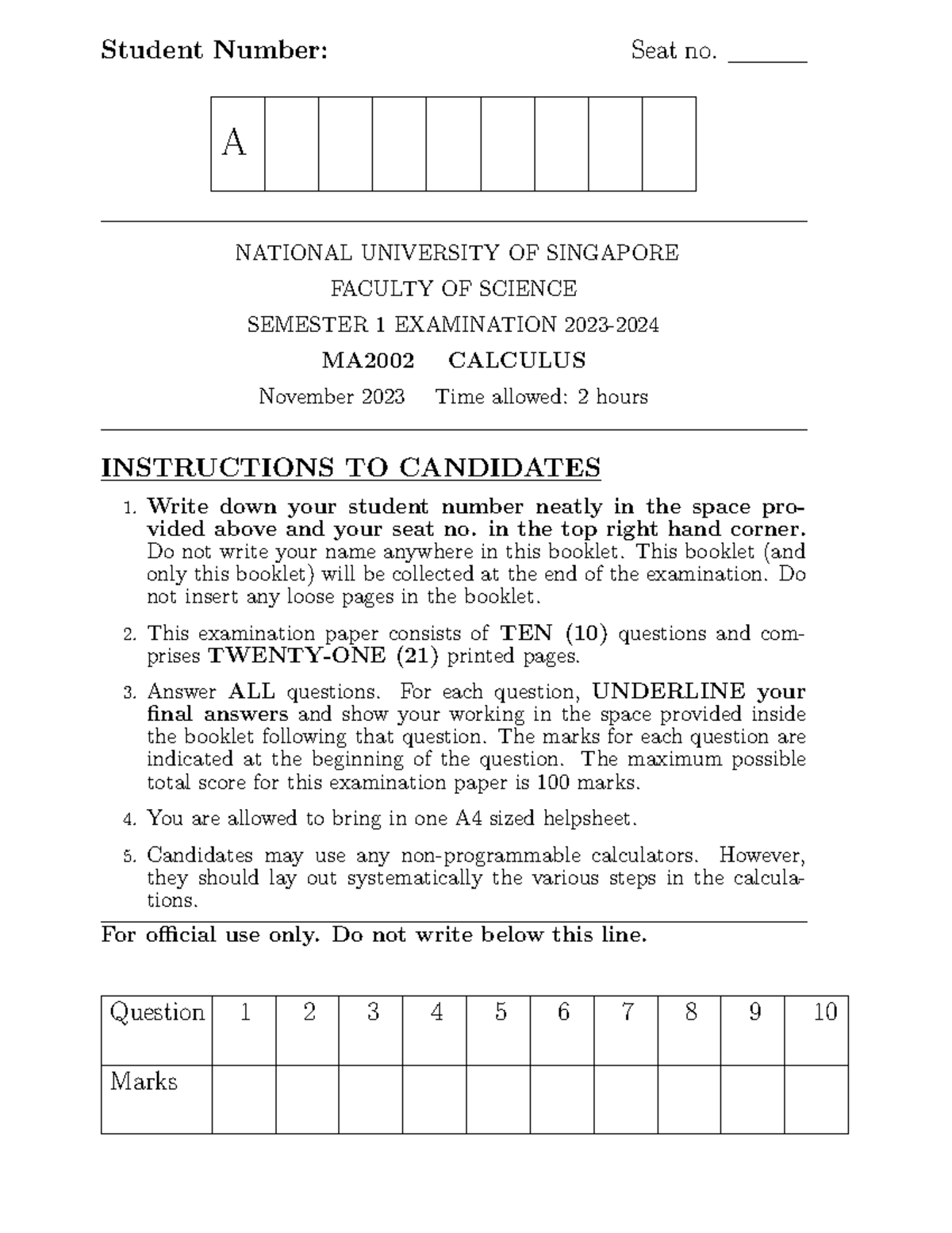 MA2002-2310-final - 2023/24 MA2002 Finals - Student Number: Seat no. A ...