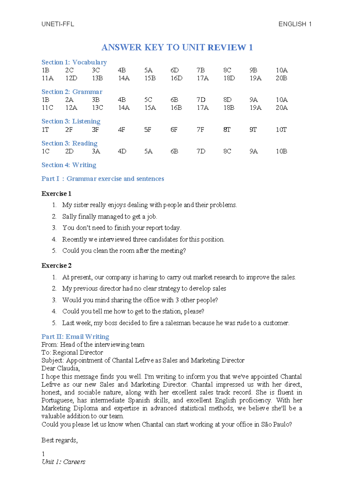 UNIT Review 1 T - Answer Key and Career Insights - Studocu