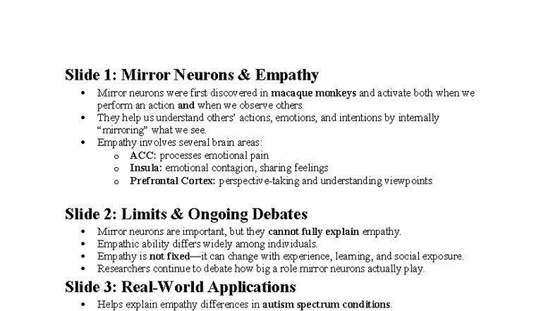 Neuroscience Lecture: Mirror Neurons & Empathy Insights - Studocu