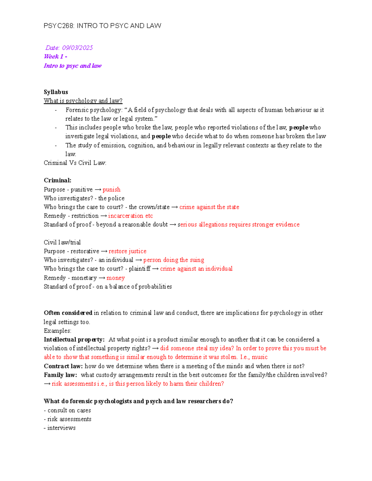 PSYC268: Intro to Psychology and Law - Week 1 Course Notes - Studocu