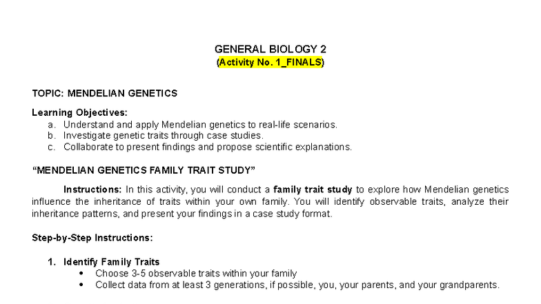 GENERAL BIOLOGY 2 (Activity No. 1_FINALS) - Mendelian Genetics Case ...