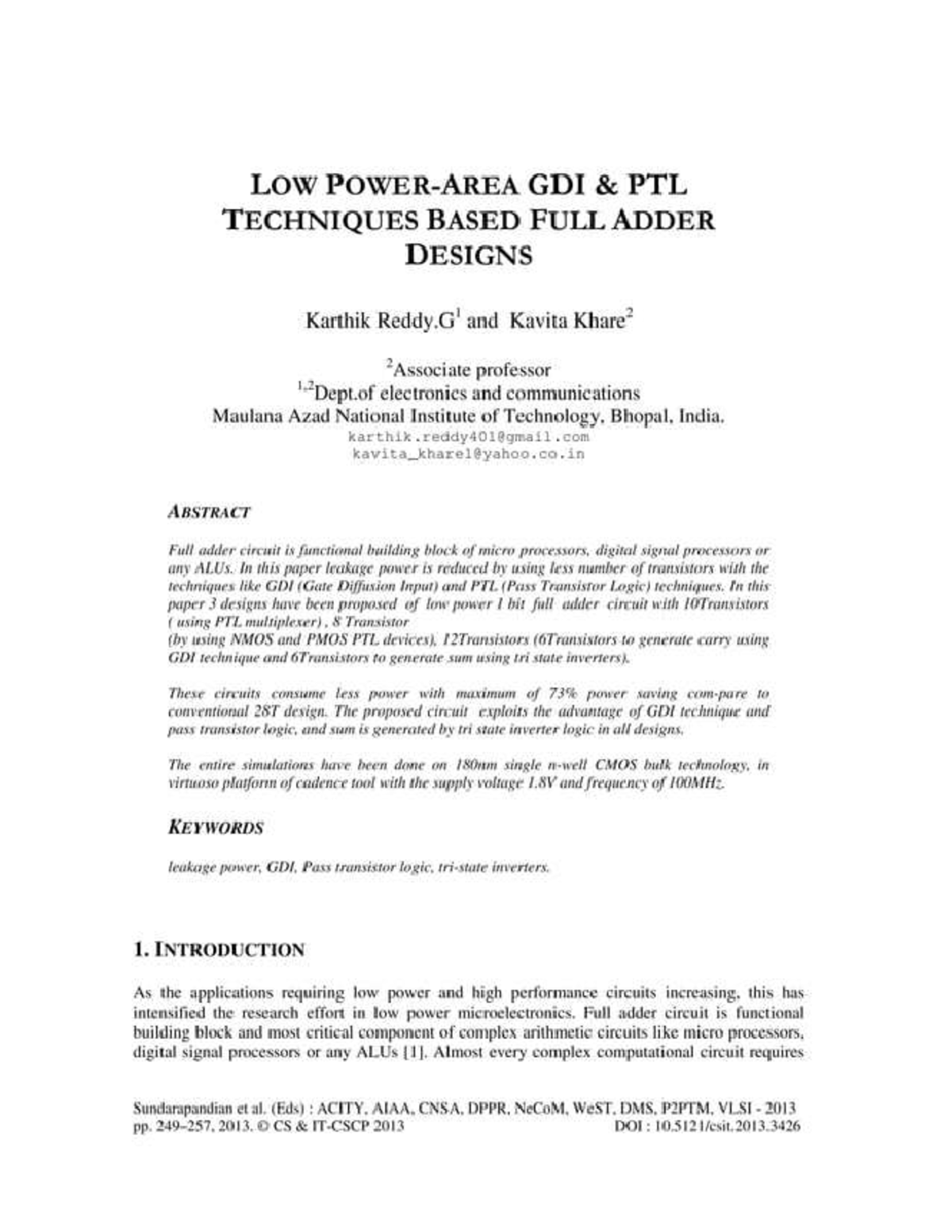 Low Power Full Adder Designs Using GDI and PTL Techniques (CS IT) - Studocu
