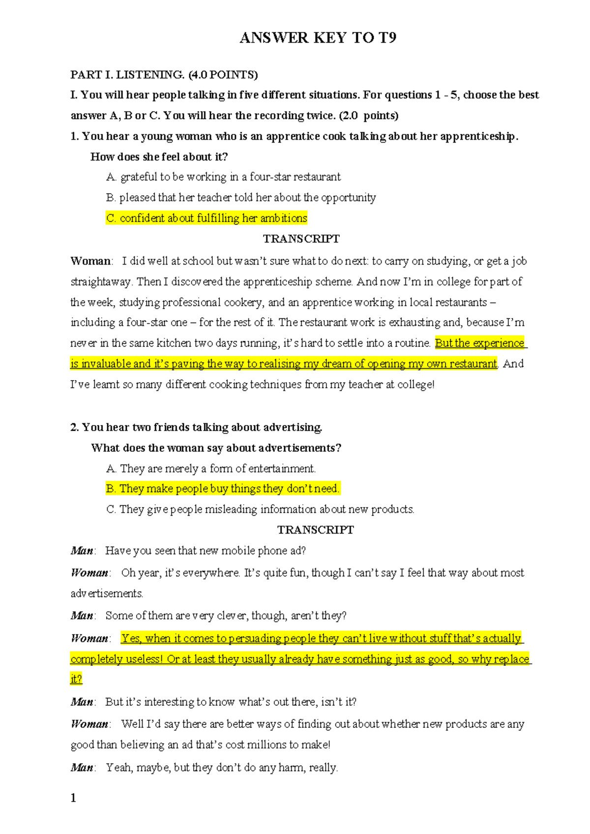 T9KEY - Answer Key for Listening Part I (4.0 Points) - Studocu
