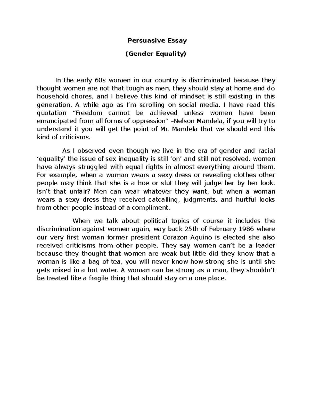 Persuasive-Essay - A little or short essay about gender equality ...