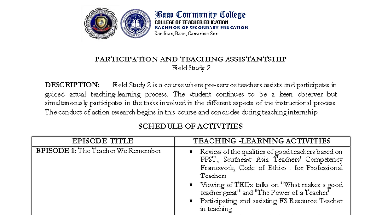 FS-2: Participation & Teaching Assistantship in Field Study 2 - Studocu