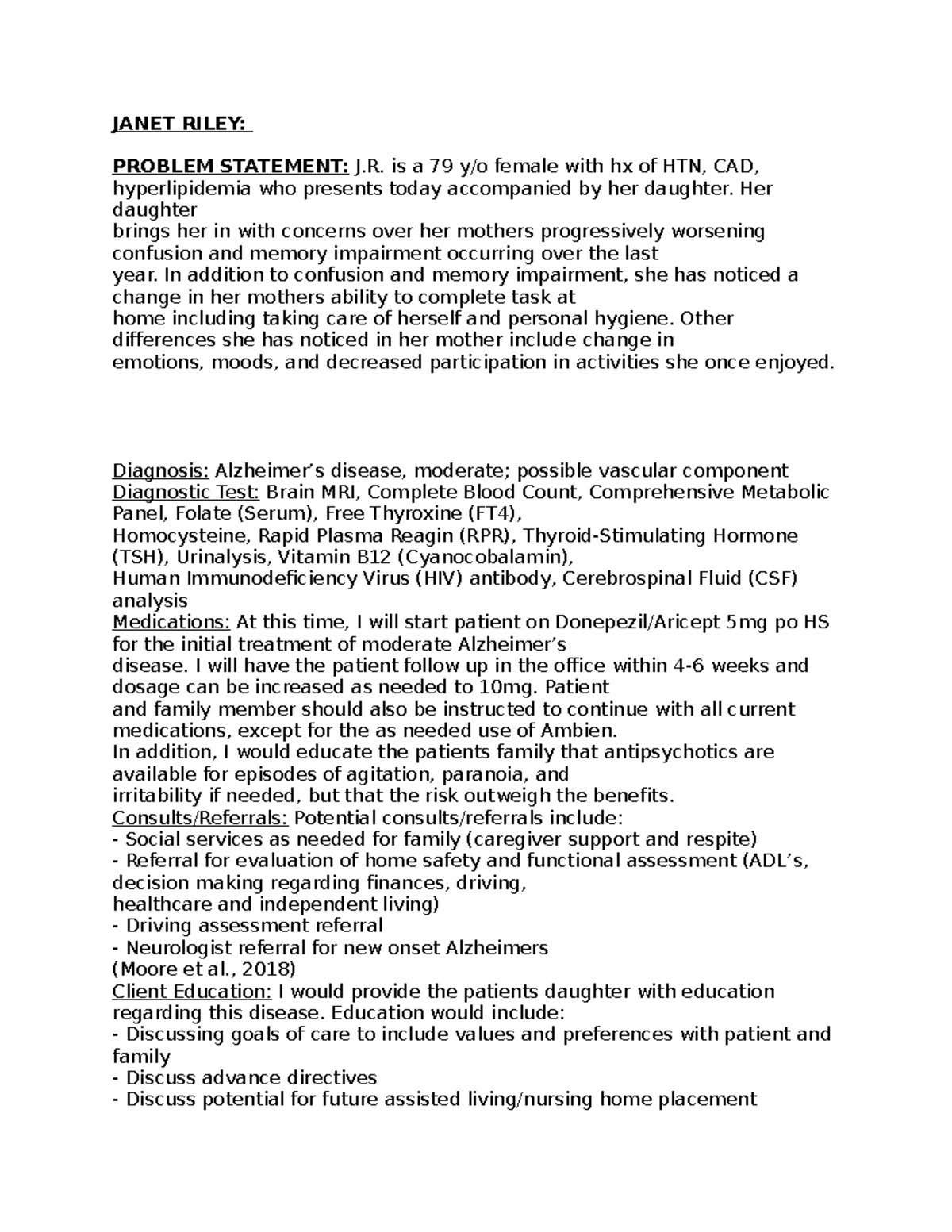 Janet Riley Case Study: Moderate Alzheimer’s Disease Management - Studocu