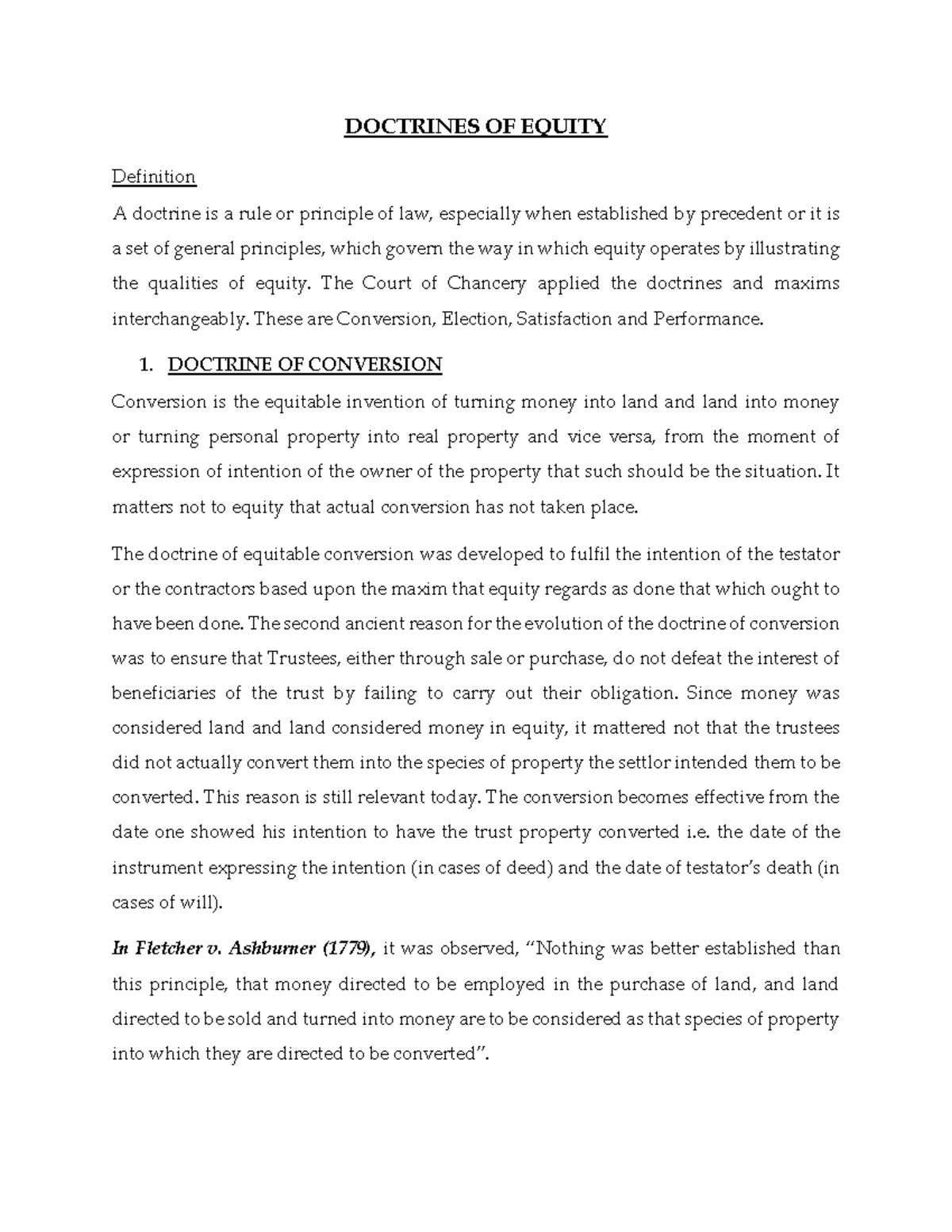 Doctrines of Equity: Summary Notes on Conversion, Satisfaction ...