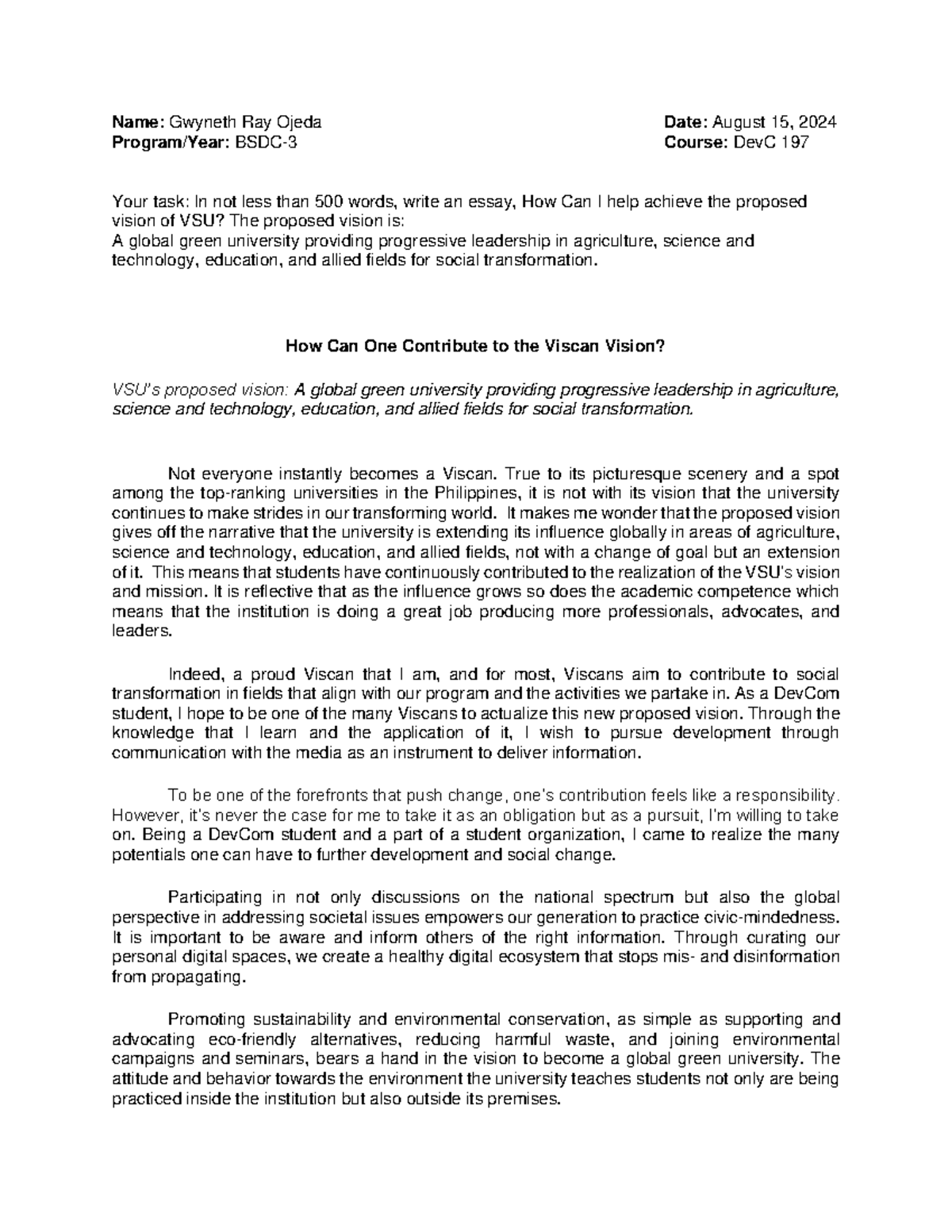 Essay 1: Contribution to VSU's Vision of a Global Green University ...