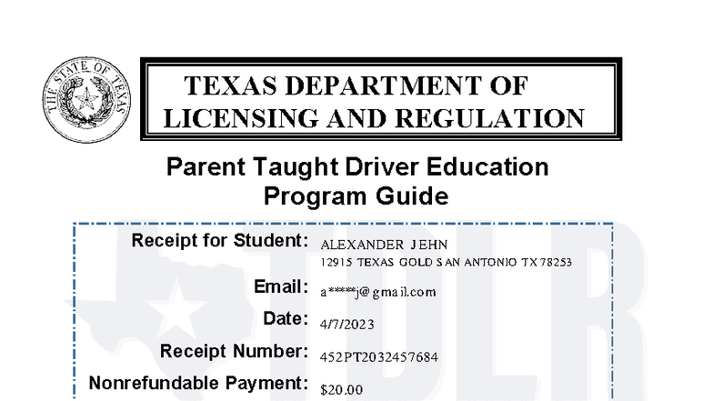 Parent Taught Driver Ed Program Guide for Alexander Jehn (Receipt - Studocu