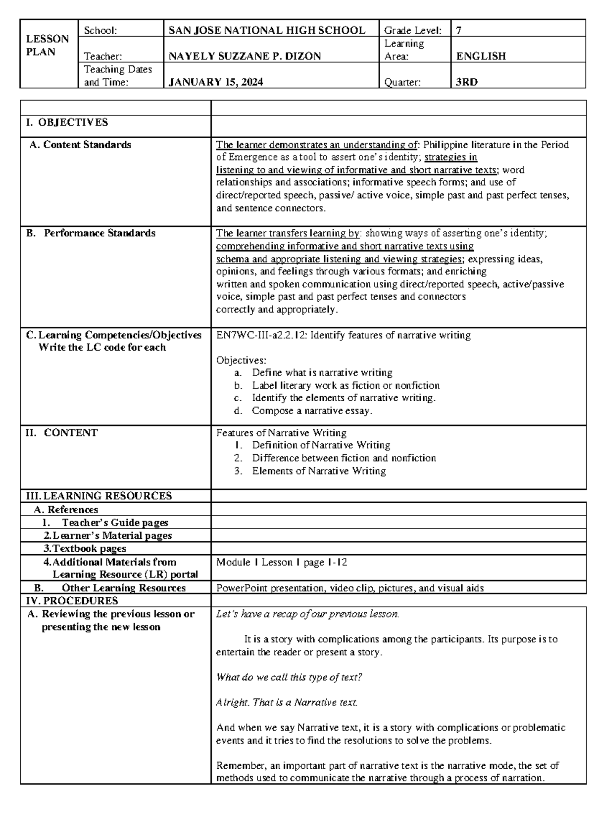 EN7WC - Sample Lesson Plan: Understanding Narrative Writing - Studocu