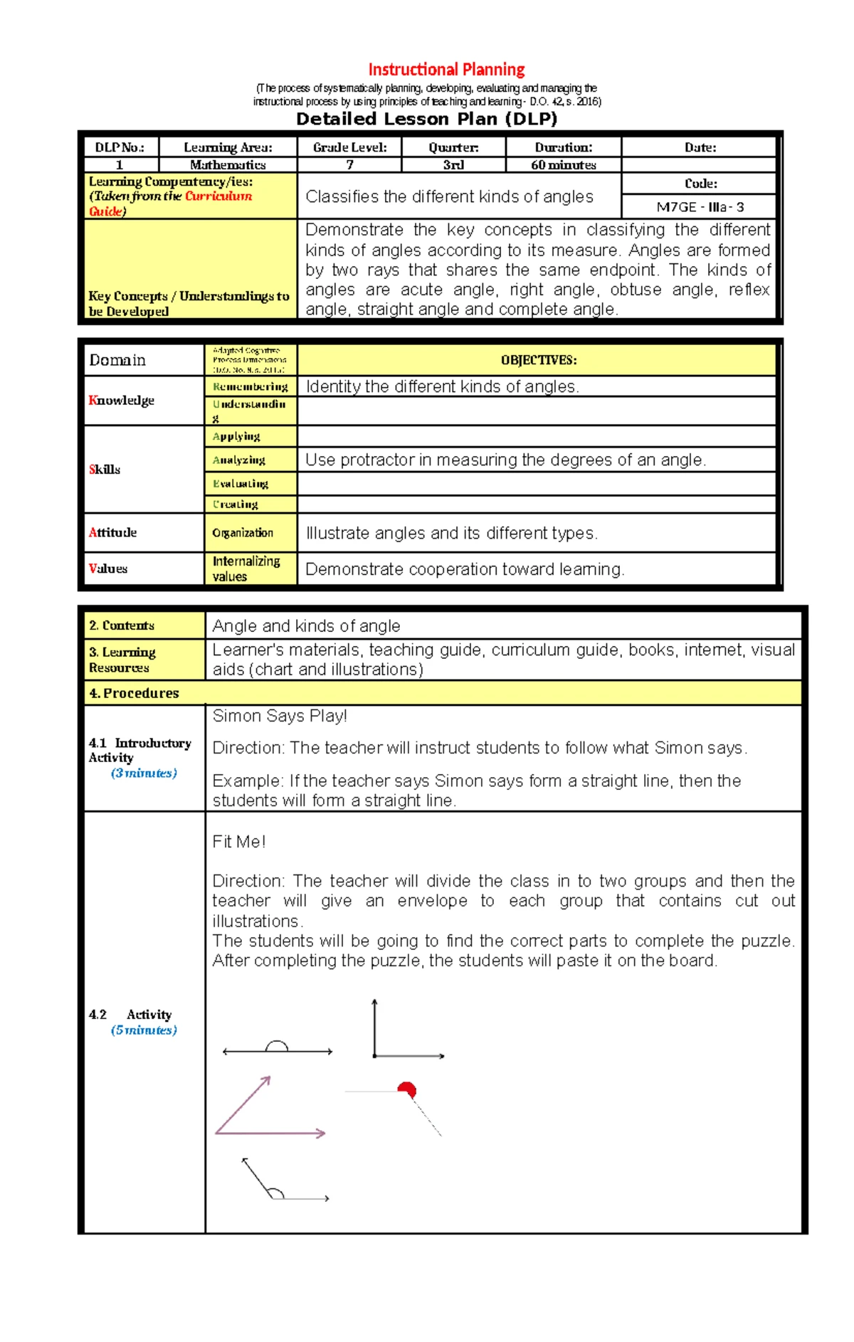 DLP M7GE-Illa- Kinds of Angles Lesson Plan and Activities - Studocu