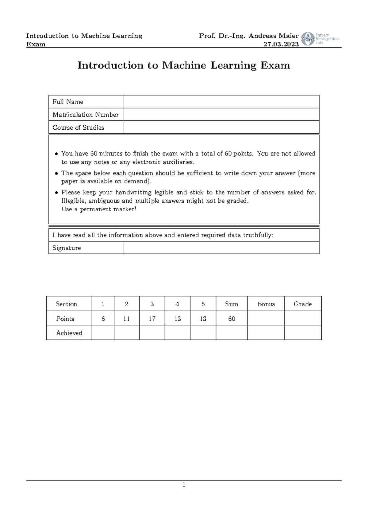 Introduction to Machine Learning (ML101) Final Exam - Pattern ...