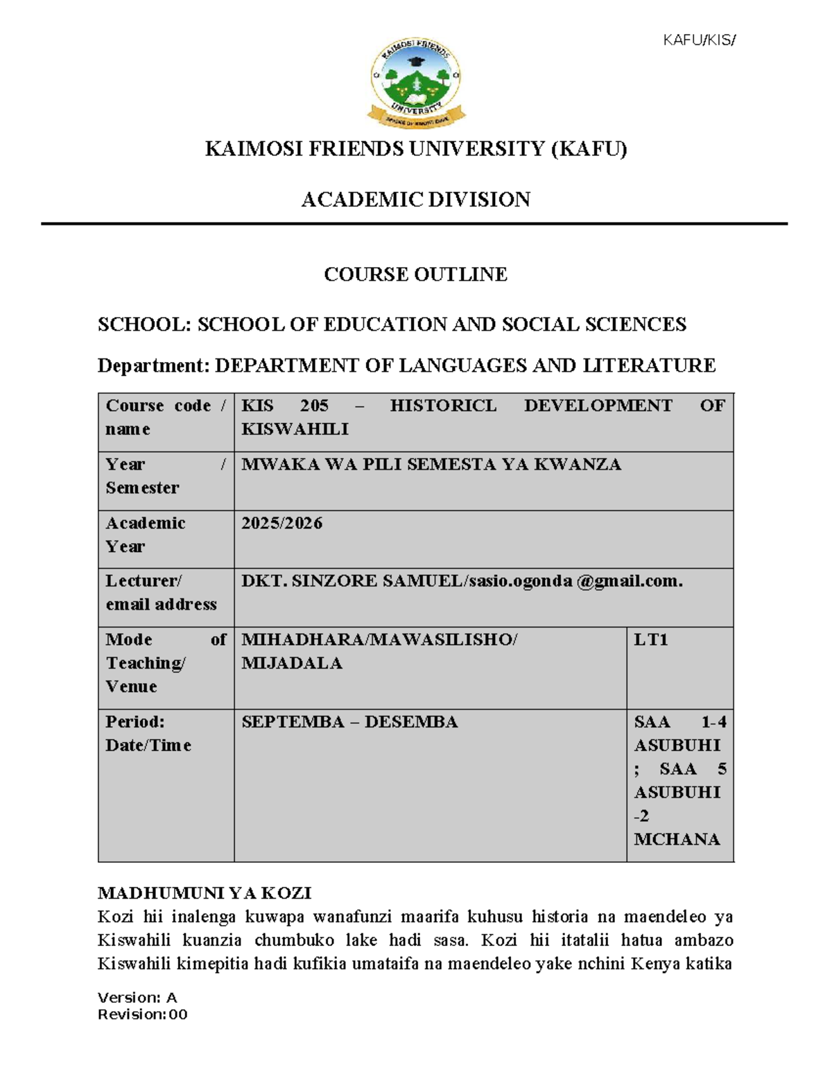 KIS 205: Kiswahili Historical Development Course Outline - Studocu