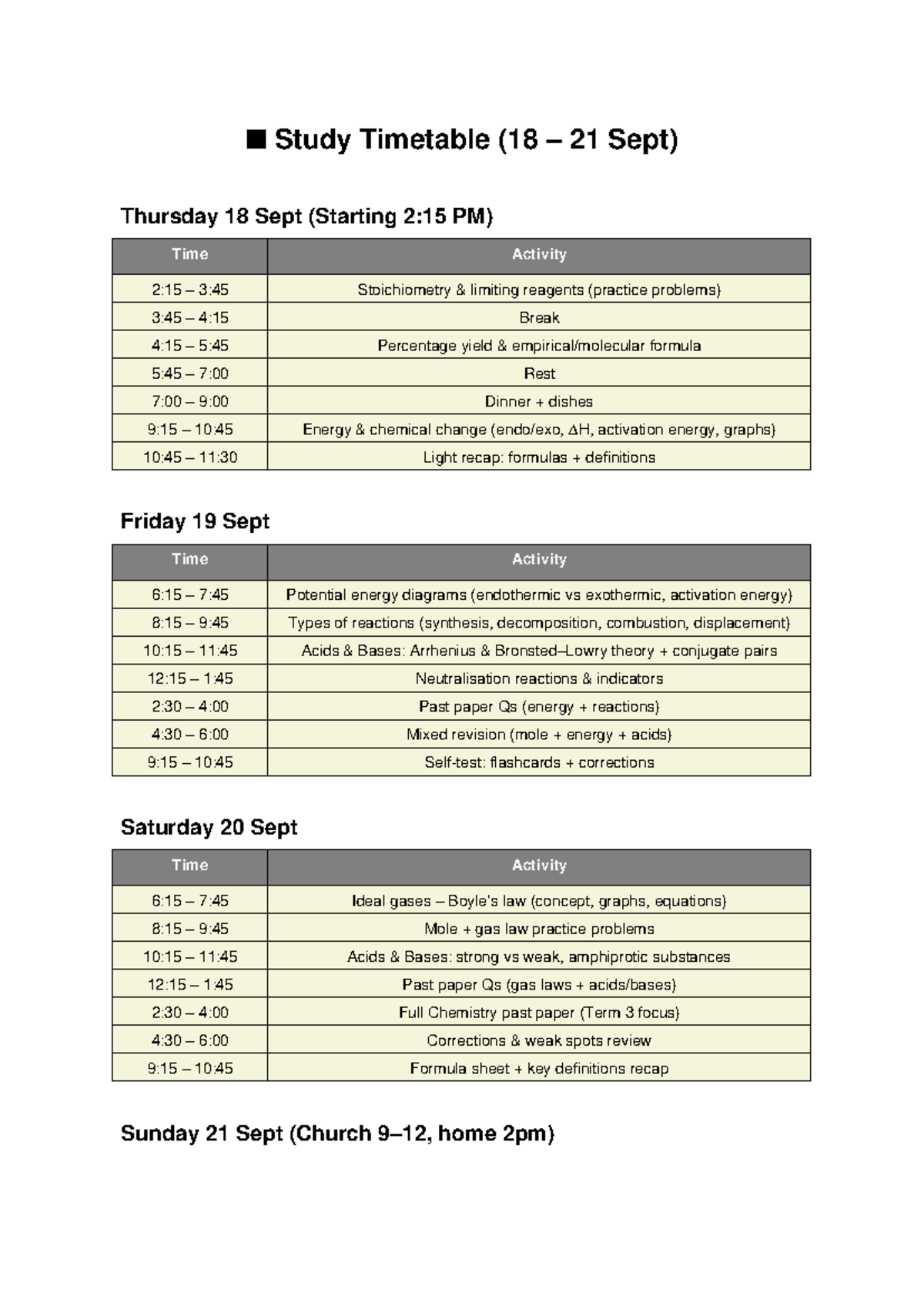 Chemistry Study Timetable (18-21 Sept) with Activities - Studocu