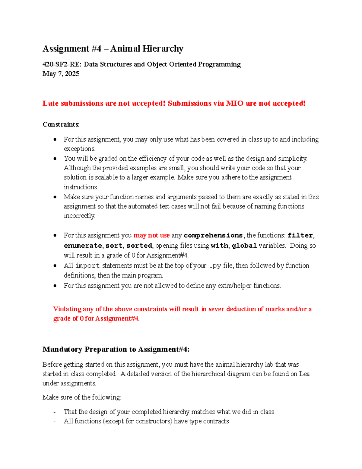 Assignment 4: Animal Hierarchy & OOP Constraints (Due May 7, 2025) - Studocu