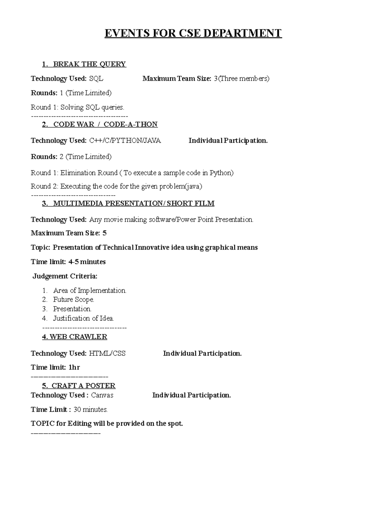 CSE Department Event Ideas - Notes for Competitions - Studocu