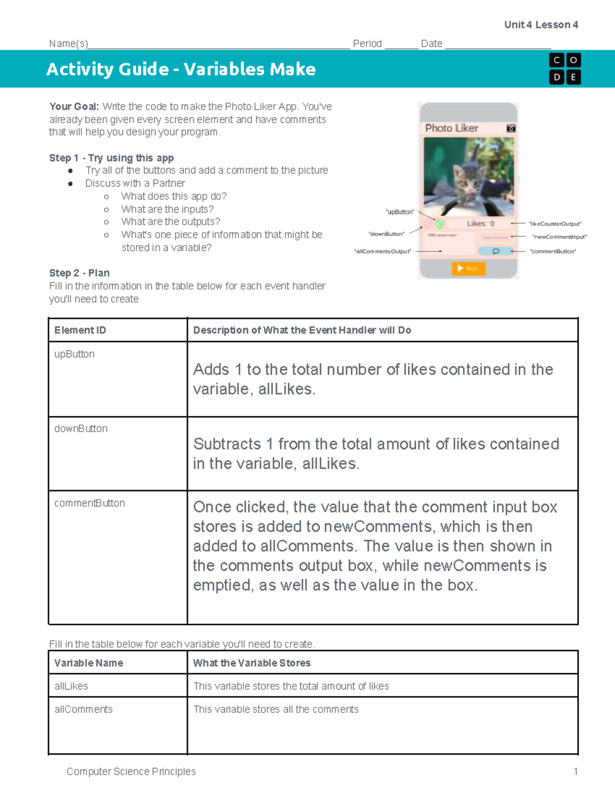 Unit 4 Lesson 4 - Photo Liker App Activity Guide - Studocu