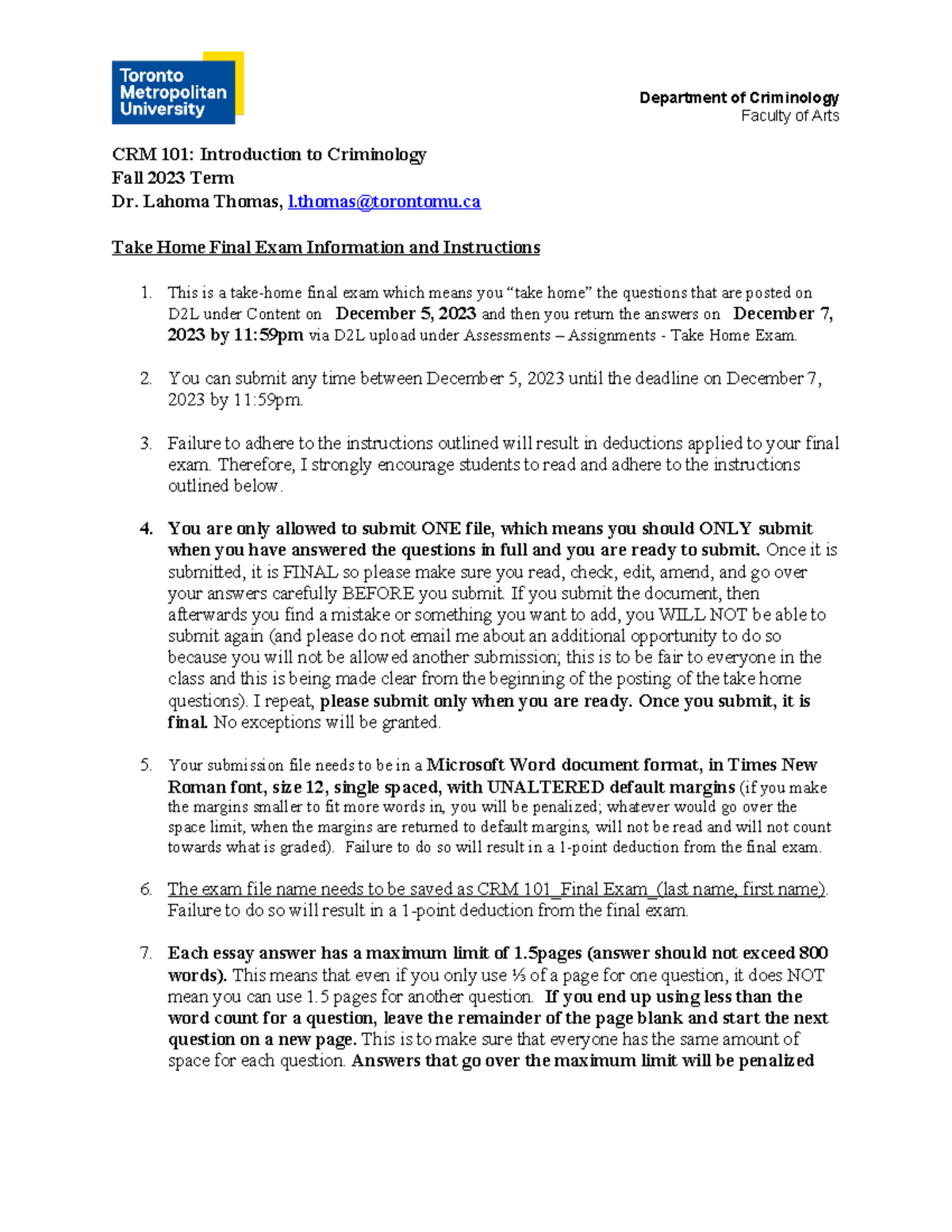 CRM101 Take-Home Final Exam Instructions Fall 2023 - Studocu