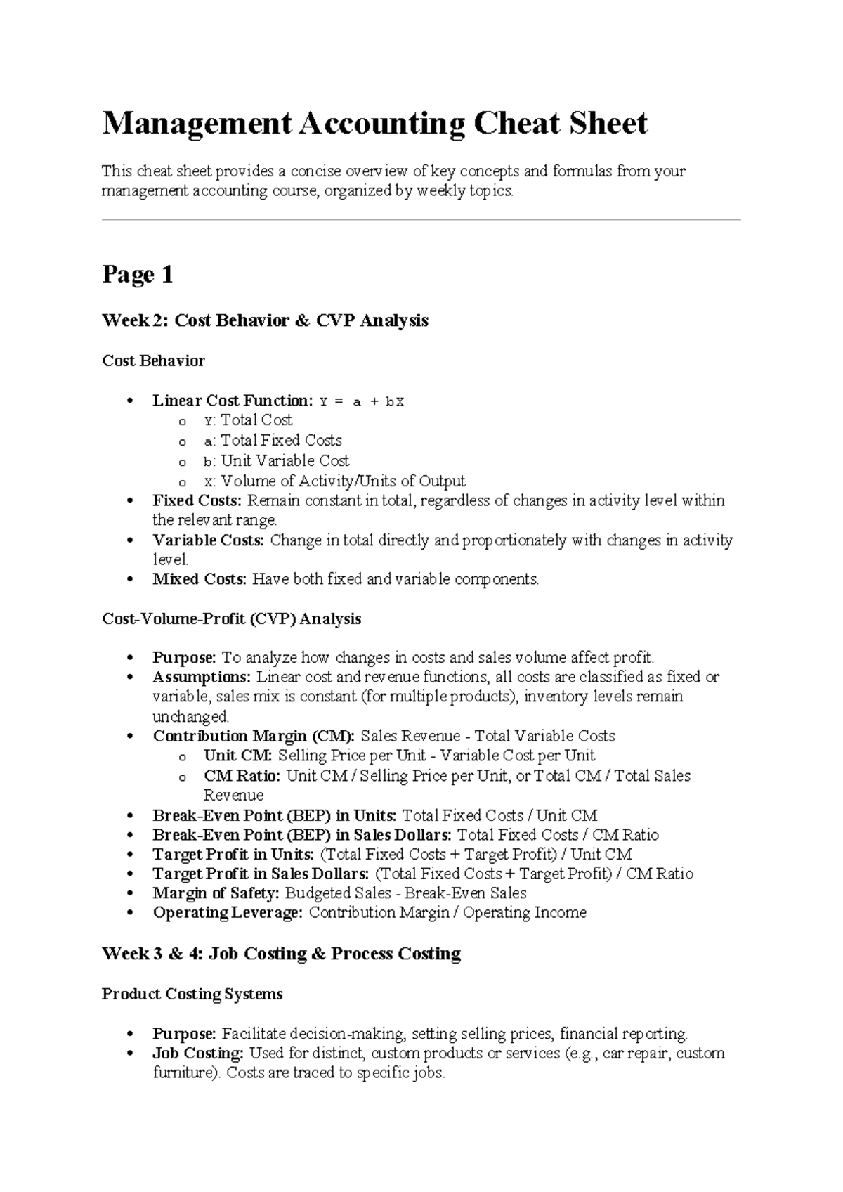 Management Accounting Cheat Sheet: Key Concepts & Formulas (BUSN) - Studocu