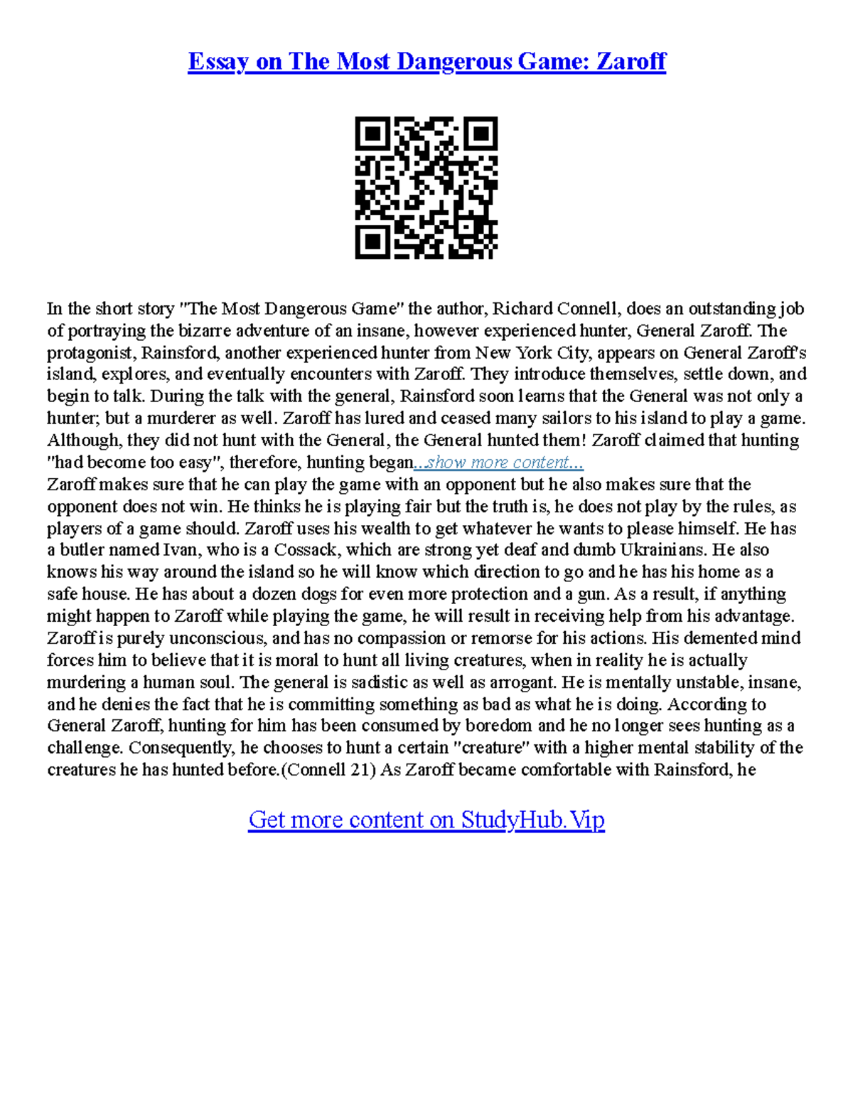 ENG 1H: Literary Analysis of "The Most Dangerous Game" Essay - Studocu
