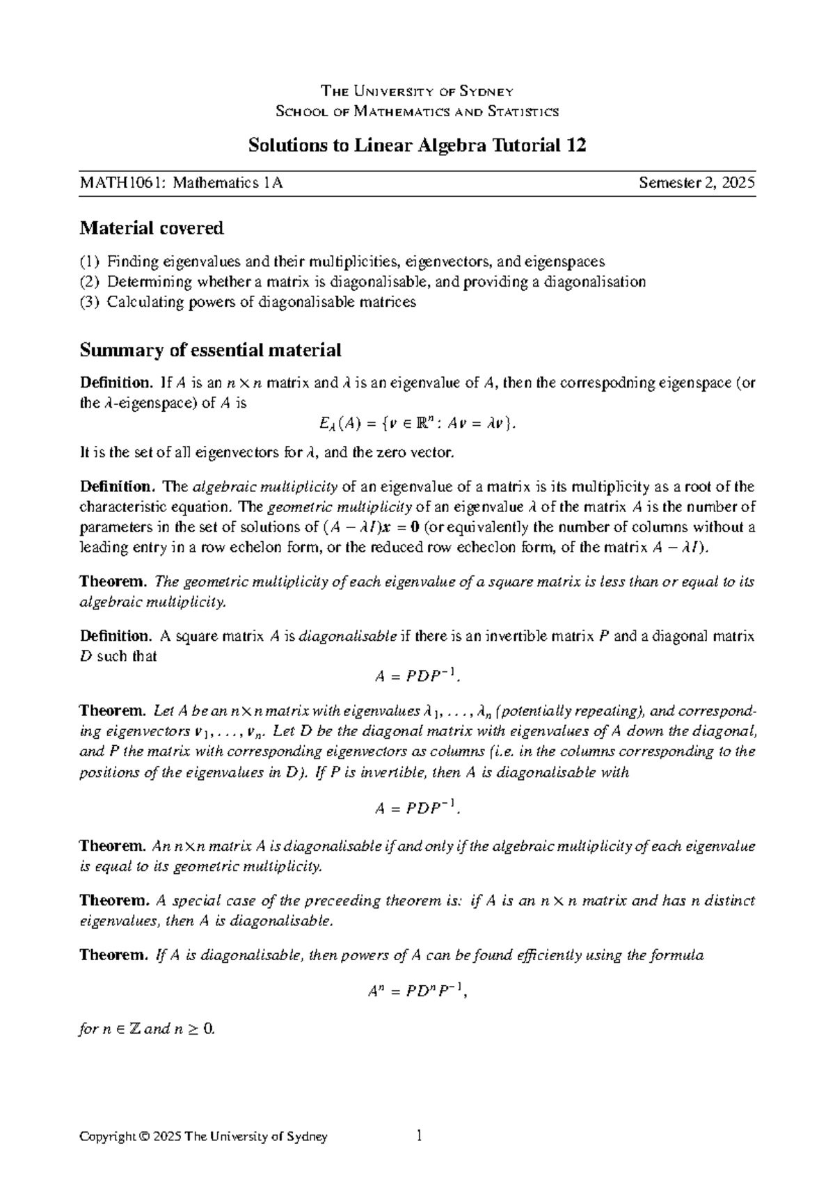 Solutions to MATH1061 Linear Algebra Tutorial 12: Eigenvalues ...