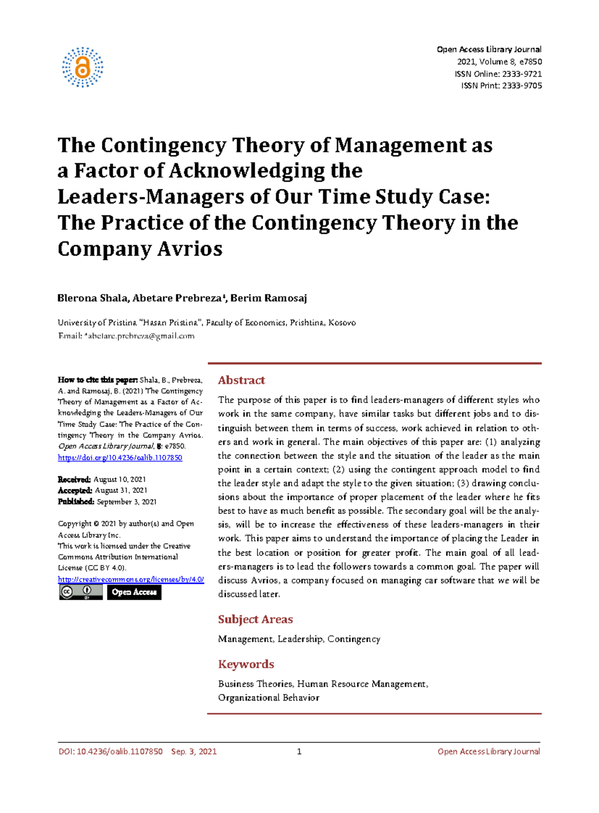 **Contingency Theory of Management: A Case Study of Avrios Company ...