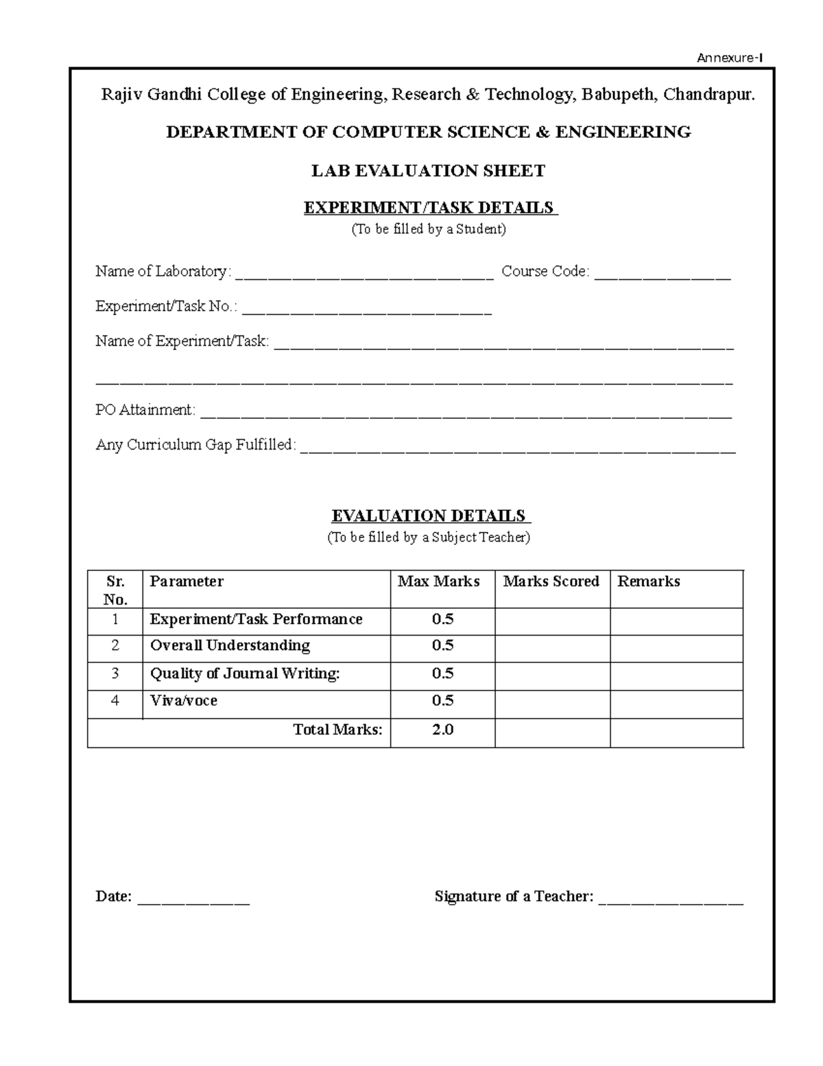 Lab Evaluation sheet - Os notes - Annexure-I Rajiv Gandhi College of ...
