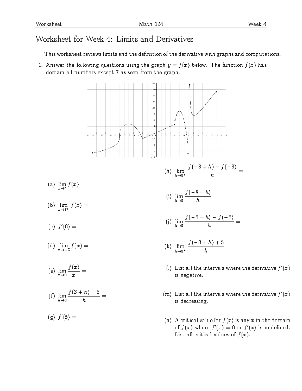 Math 124 WS4: Worksheet on Limits and Derivatives Concepts - Studocu