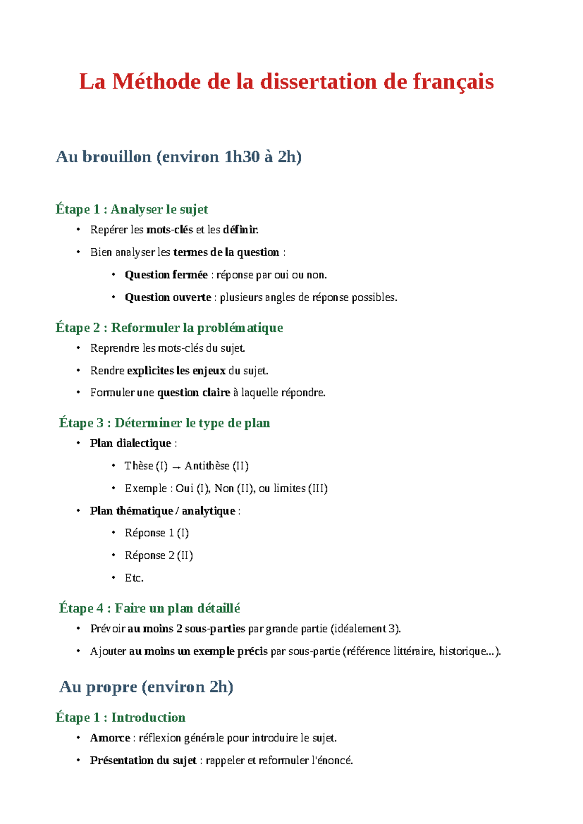 Français - Méthode de la Dissertation pour le Bac de Français - Studocu