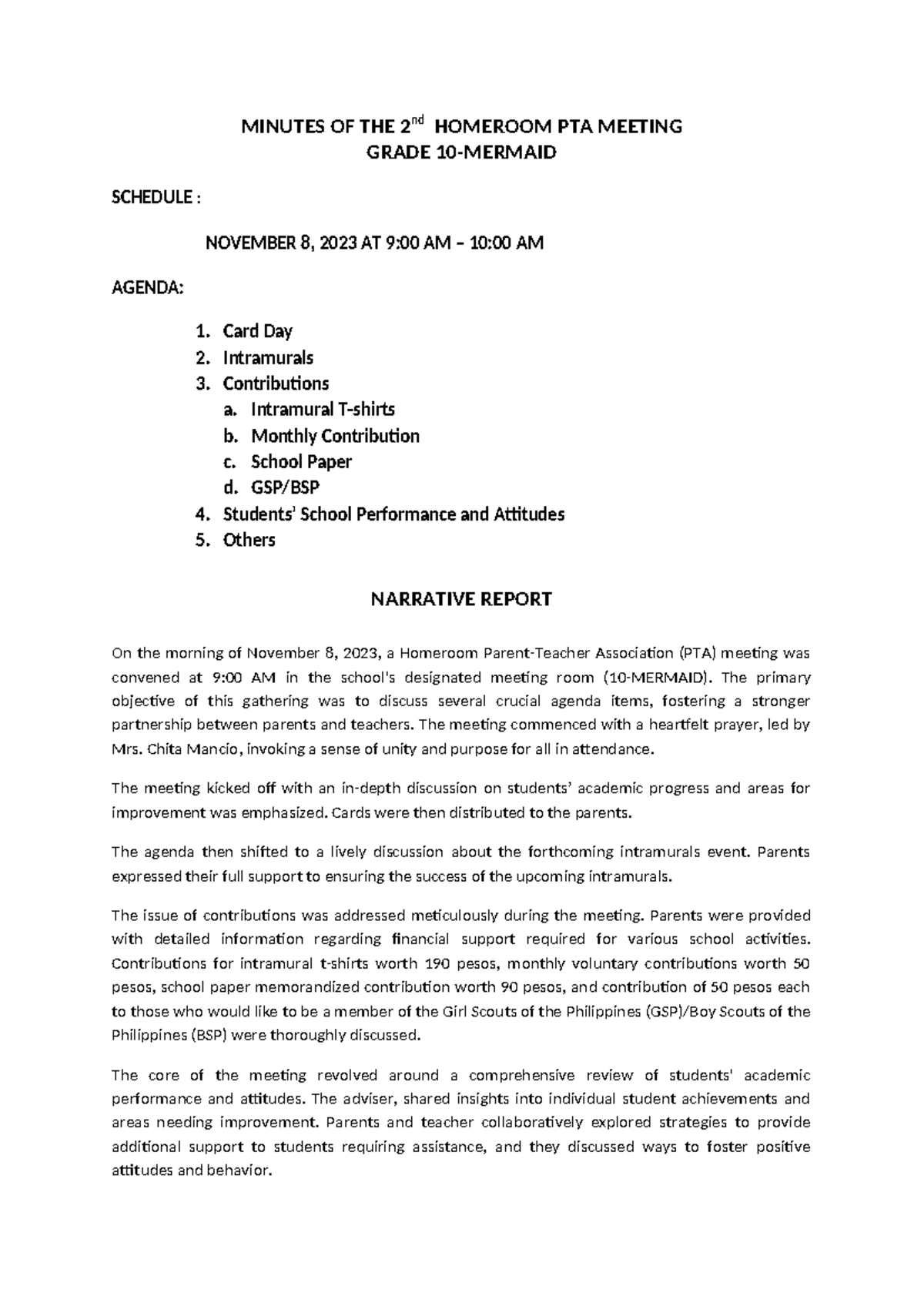Grade 10-Mermaid PTA Meeting Narrative Report - Nov 8, 2023 - Studocu