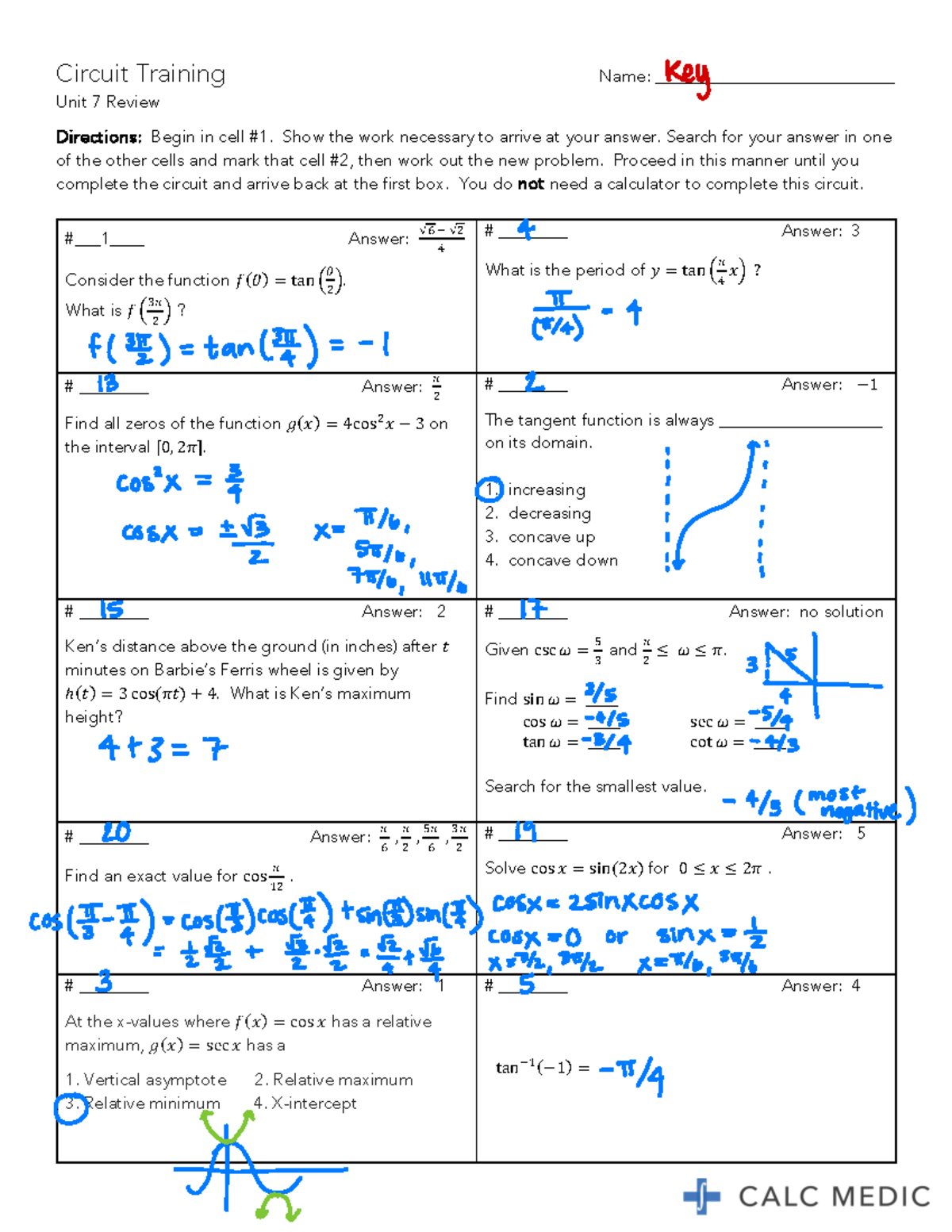 Unit 7 Review Answer Key - AP Precalculus - Circuit Training - Studocu