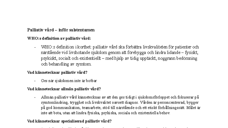 Palliativ vård - Salstentamen och WHO:s definition av vård - Studocu