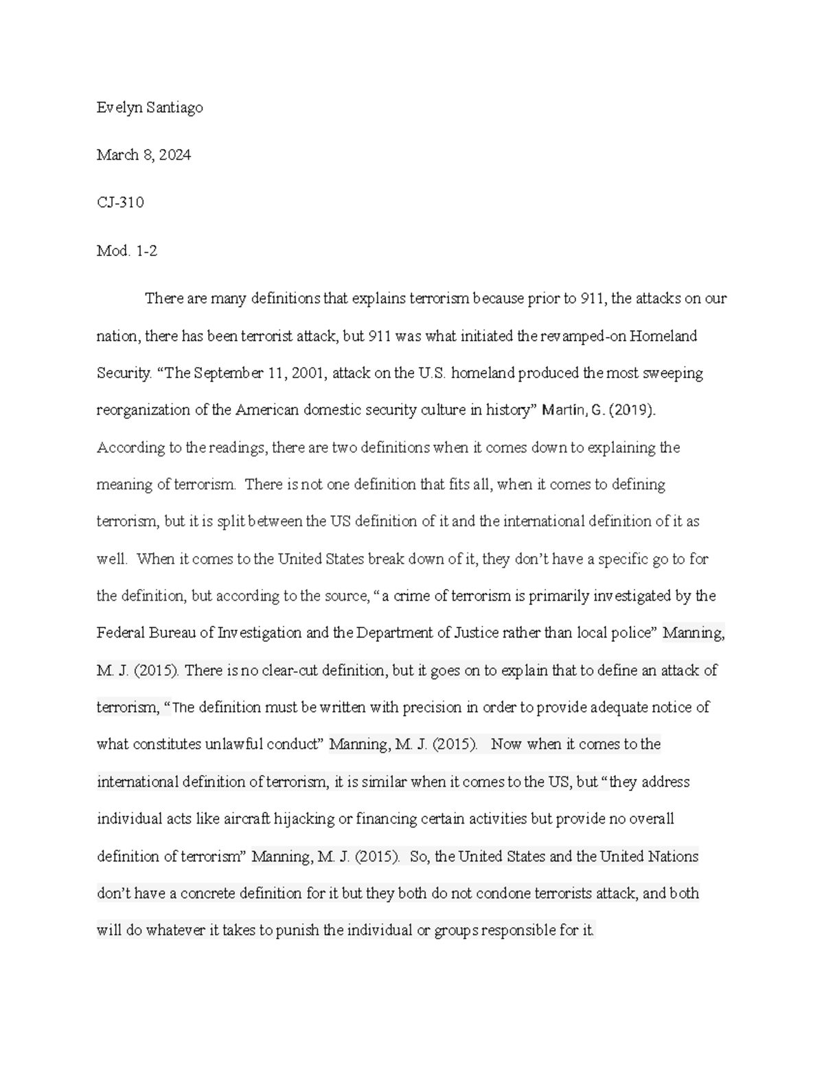 CJ 310 Mod 1-2 journal - n/a - Evelyn Santiago March 8, 2024 CJ- Mod. 1 ...