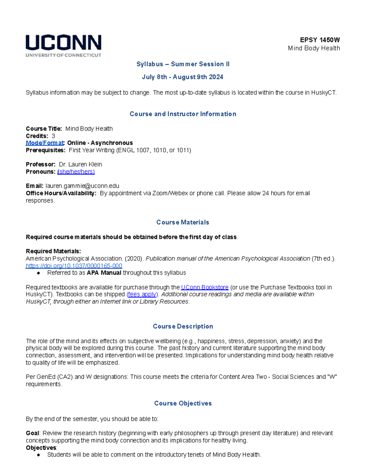 Mind Body Health Syllabus - EPSY 1450W - Summer Session II 2024 - Studocu