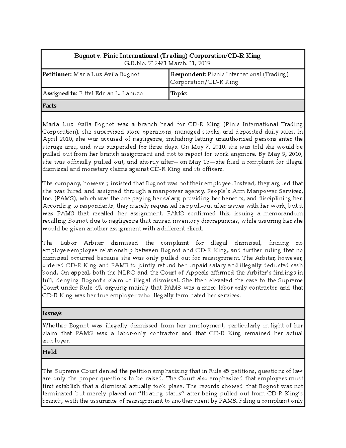 Bognot v. Pinic International (Trading) Corp. G.R. No. 212471 Case ...