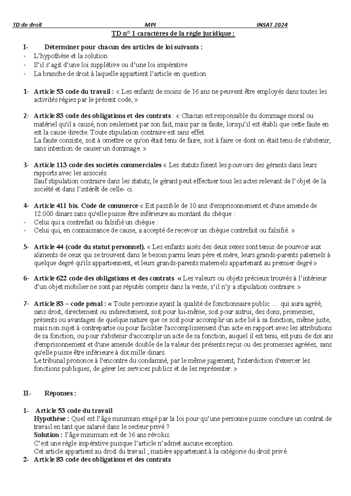 TD de Droit MPI INSAT 2024 : Caractéristiques des Règles Juridiques - Studocu