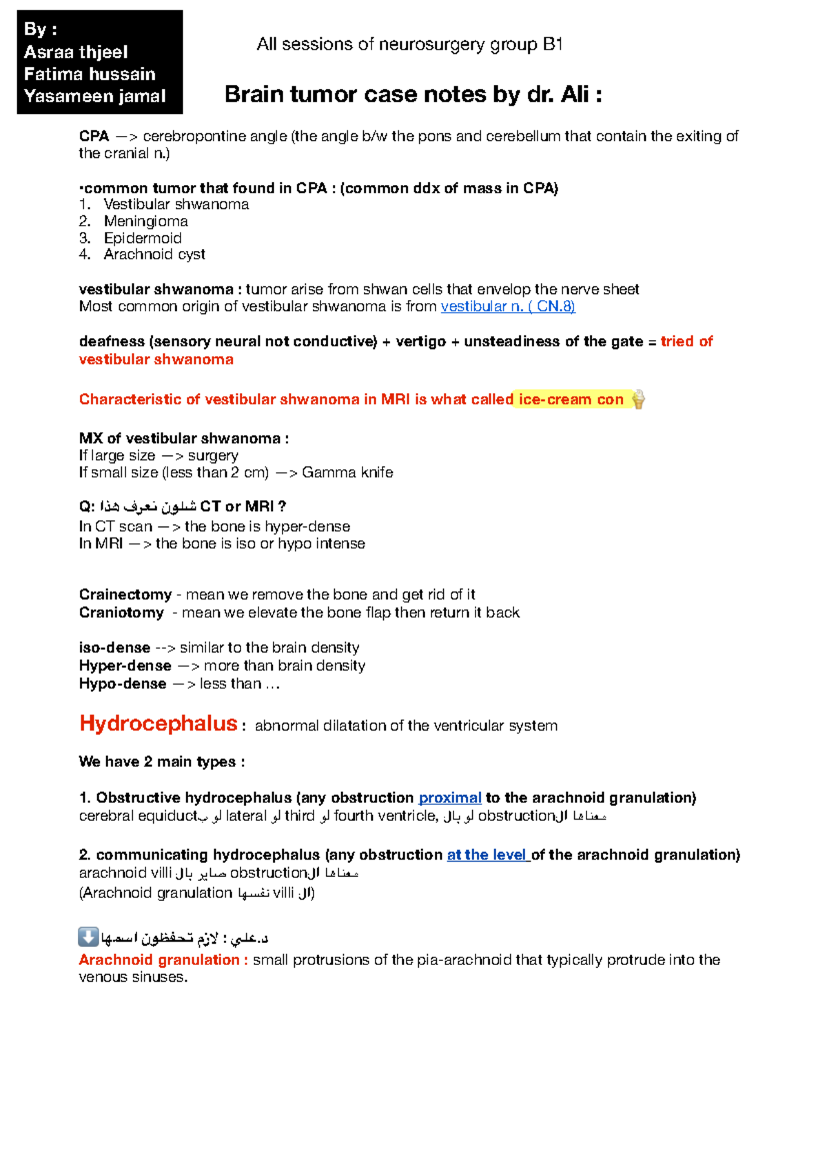 Neurosurgery Session Notes - B1: Brain Tumors & Hydrocephalus Insights ...