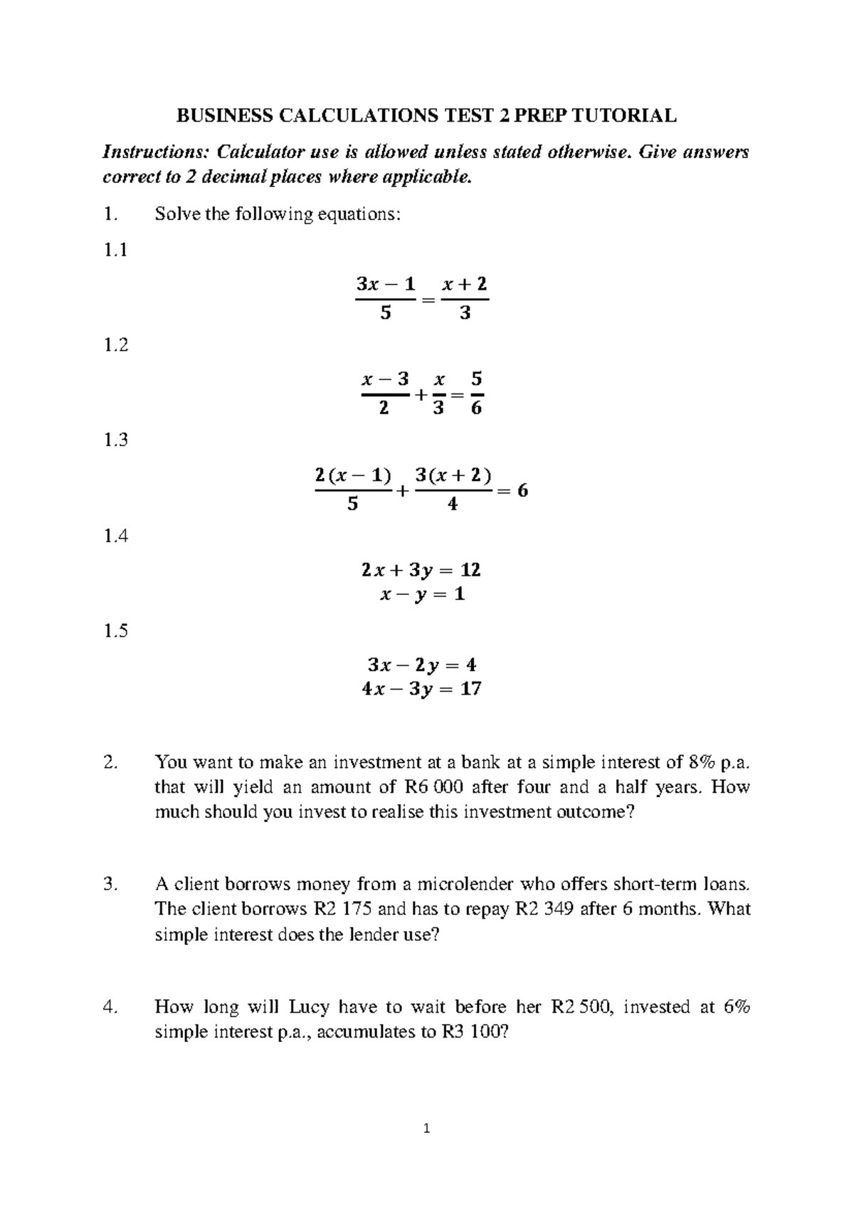 BUSINESS CALCULATIONS TEST 2 PREP TUTORIAL - Studocu