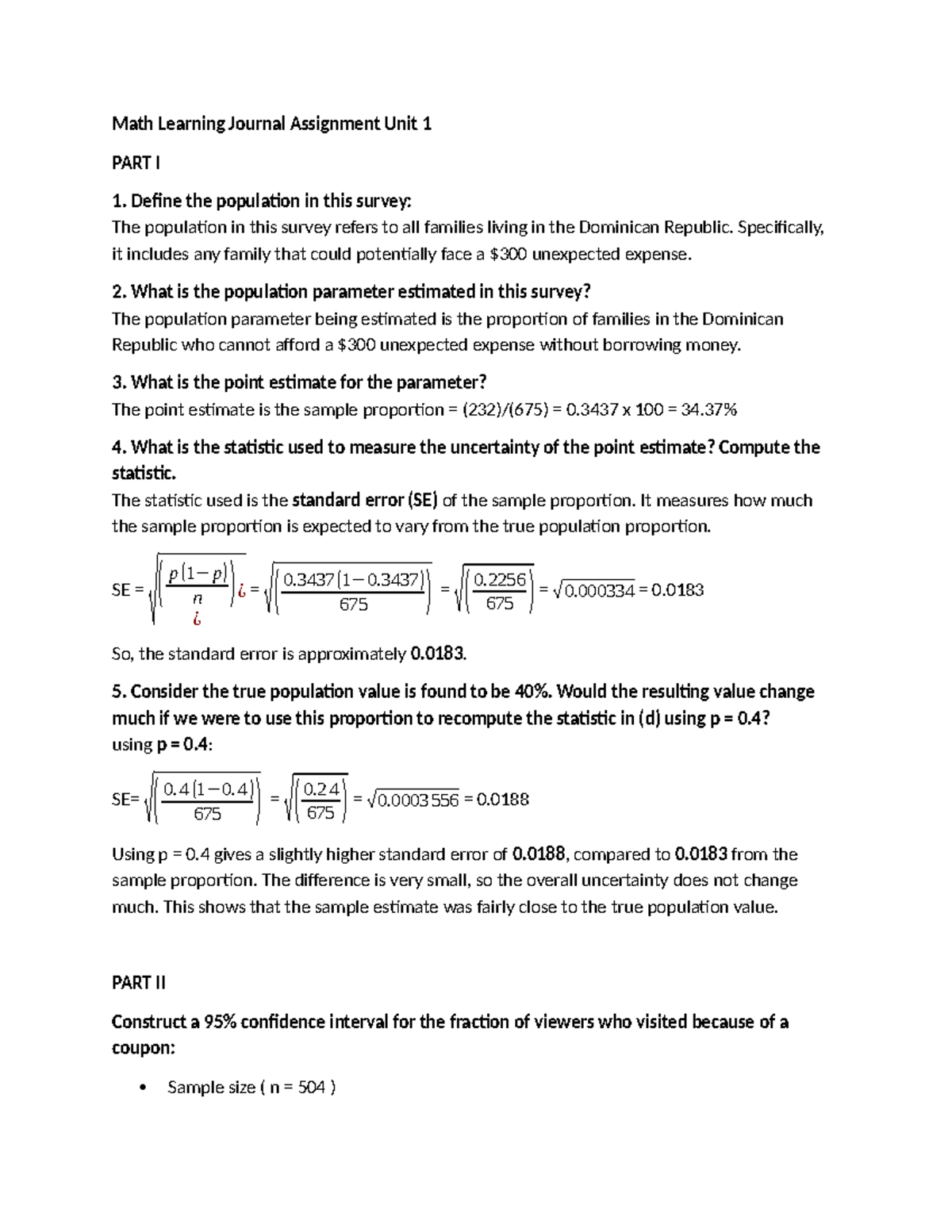 Math Learning Journal Assignment Unit 1: Population & Estimates ...