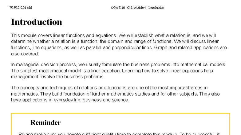 CQMS110 - Old, Module 4: Introduction to Linear Functions and Relations ...
