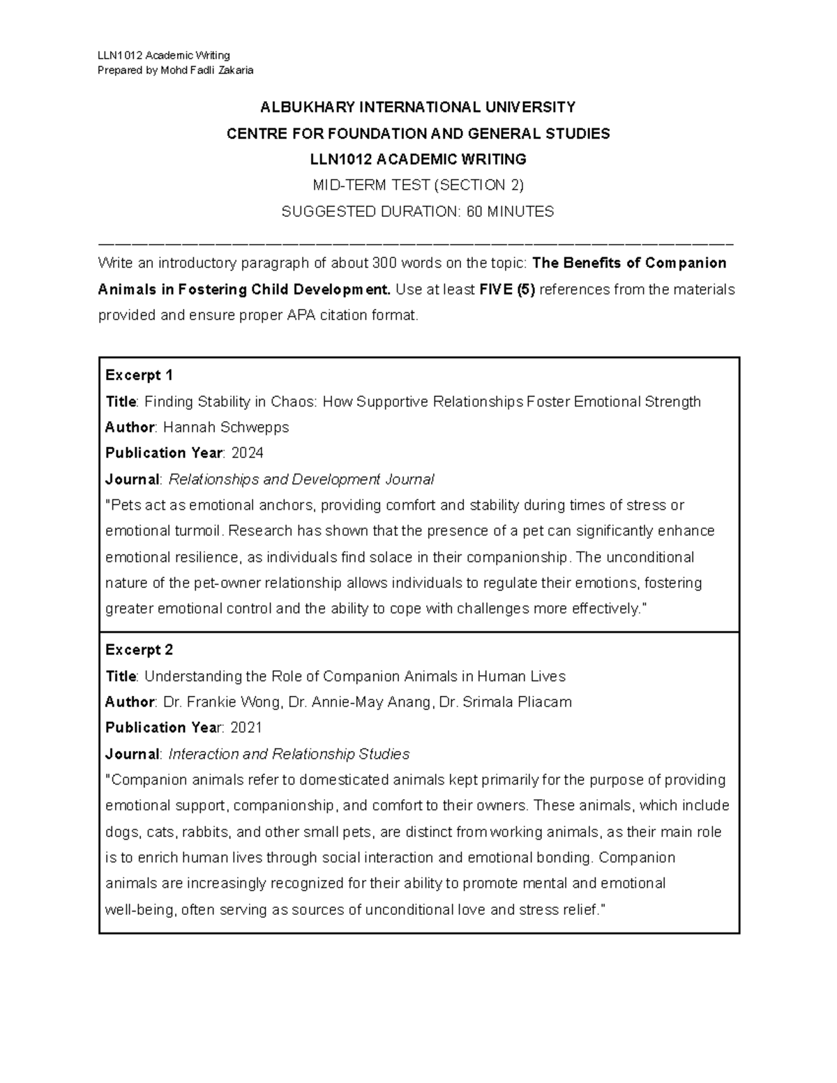 LLN1012 Academic Writing: Benefits of Companion Animals in Child ...